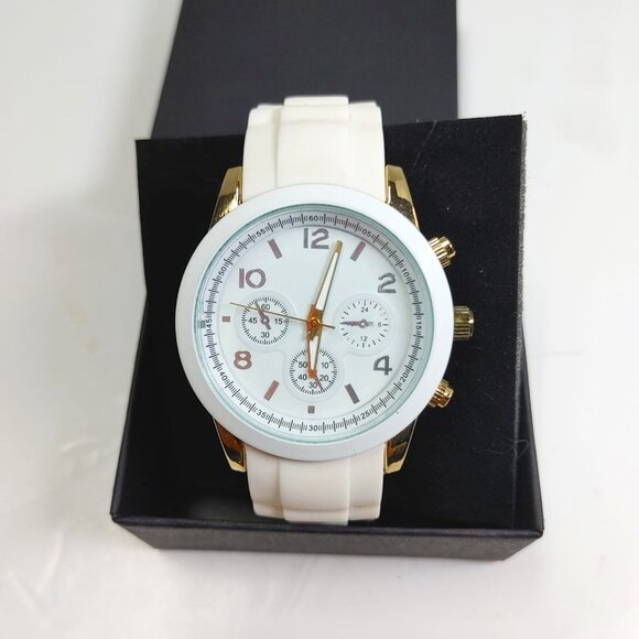 ACO | Accessories | Aco Round Face Chunky White Watch With White Silicone Type Rubber Band Gold ...